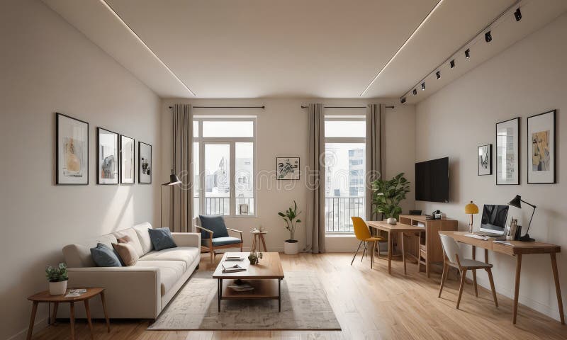 Modern Living Room with White Sofa, Wooden Coffee Table, and Desk with ...