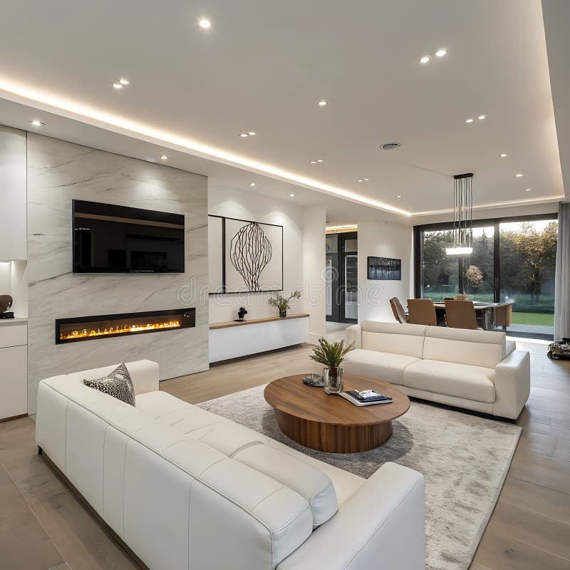Modern Living Room with White Sofas, Fireplace, and Ambient Lighting ...