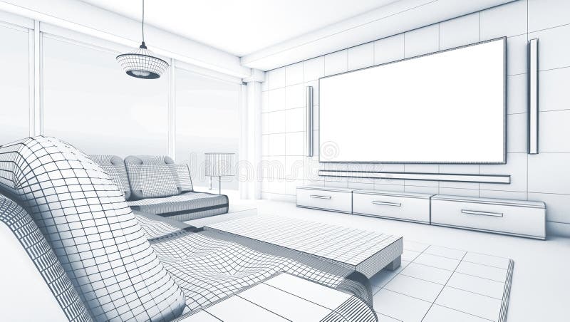 Modern Living Room Wireframe Rendering. 3D Illustration Stock ...