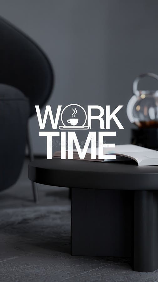 Modern Living Room with "WORK TIME" Text and Coffee Icon Overlay Stock ...