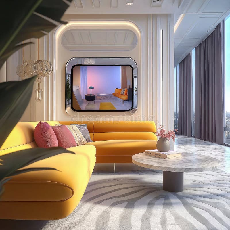 Modern Living Room with Yellow Sofa. Augmented Reality Tech Used for ...