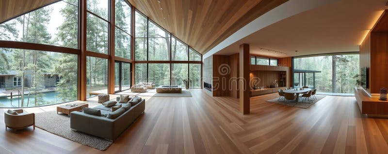 Modern Living Space with Large Windows Overlooking a Forest in Daytime ...