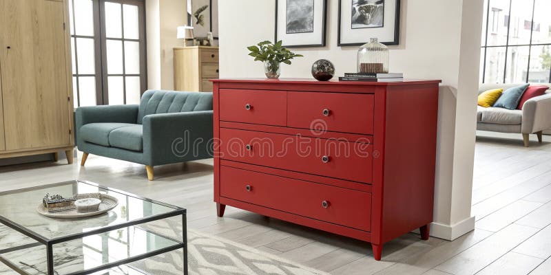 Modern Room with Red Chest of Drawers Stock Illustration - Illustration ...