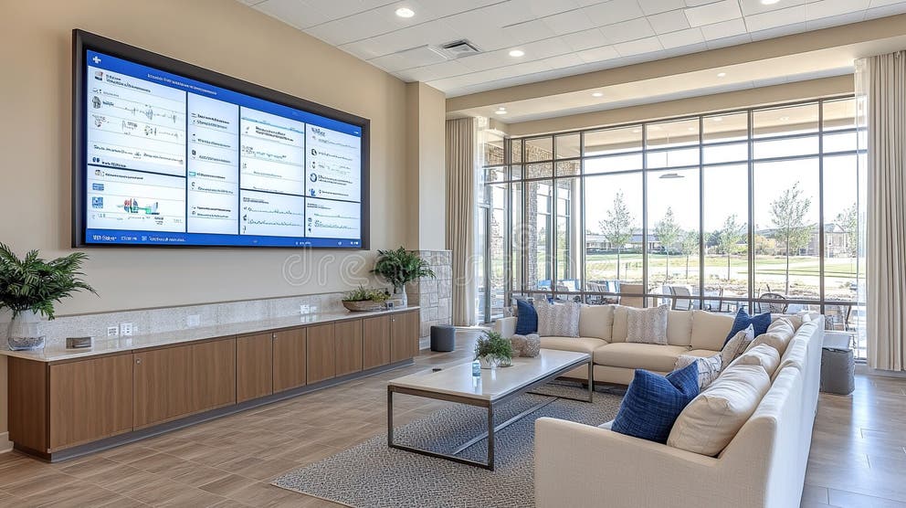 Modern Lobby with AI-Generated Dashboard Stock Illustration ...