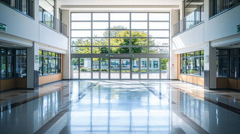 A Modern Lobby with Big Glass Windows and a Tiled Floor. Stock Photo ...
