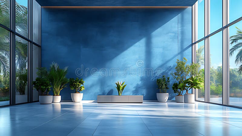 Modern Lobby, Blue Wall, Sunlight, Plants, Tropical View, Reception ...