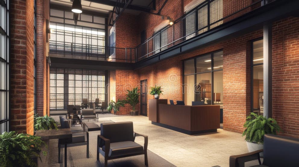 Modern Lobby with Brick Walls and Industrial Design Elements Stock ...
