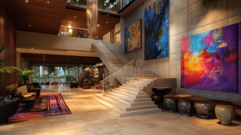 Modern Lobby with Concrete Stairs and Abstract Art Stock Illustration ...