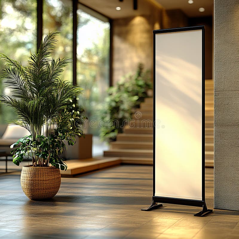 Modern Lobby Design with Empty Vertical Banner Display Mockup and ...