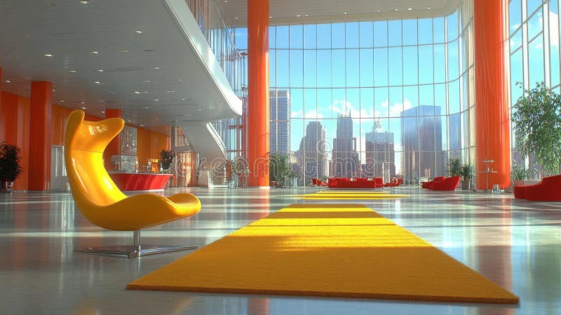 A Lobby with Yellow Couches and Chairs and Tables Stock Photo - Image ...