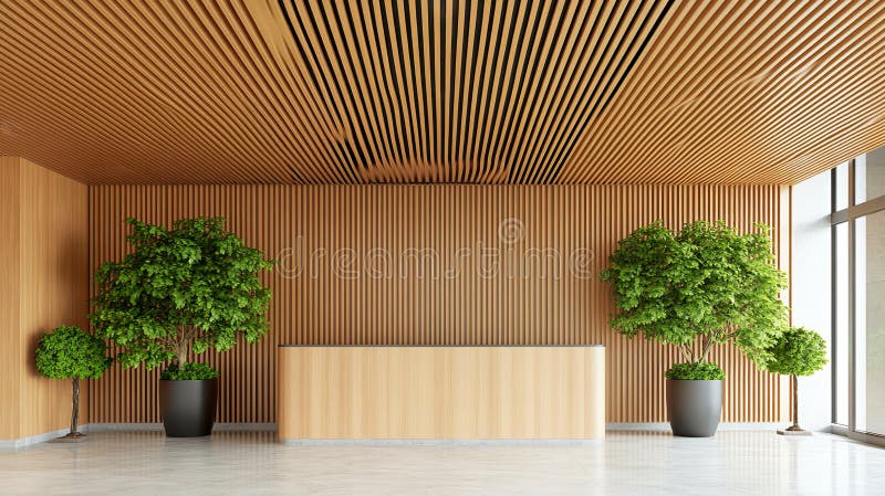Modern Lobby Design with Wooden Elements and Green Plants Stock Photo ...