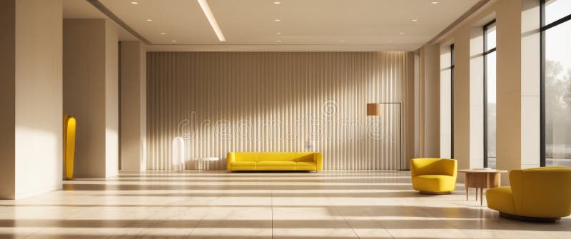 Modern Lobby Design with Yellow Accents and Sunlit Floor Stock Photo ...