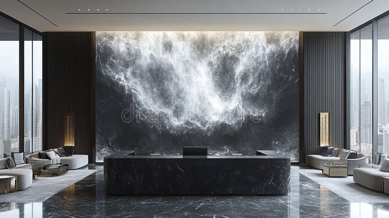 Modern Lobby with a Dramatic Wall Mural Stock Illustration ...