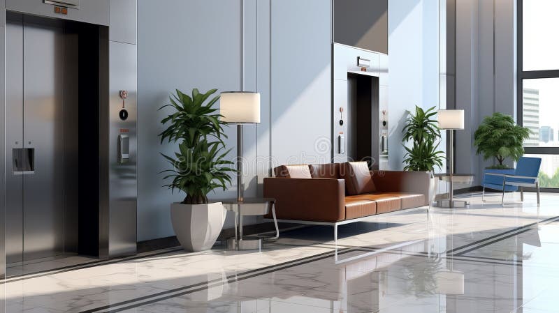 Modern Lobby with Elevators and Stylish Seating in a Bright Urban Setting. Generative AI Stock ...