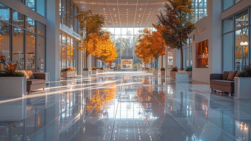 Modern Lobby with Fall Trees and Reflections Stock Illustration ...