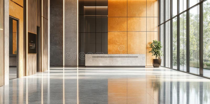 Modern Lobby Features Concrete Reception Desk and Warm Lighting with ...