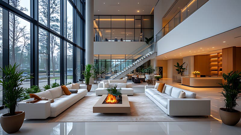 Modern Lobby Fireplace, Atrium, Office Building, Winter Stock ...