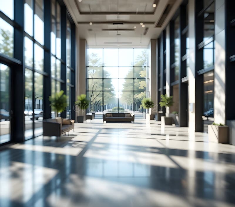Modern Lobby with Glass Windows, Seating, and Natural Lighting Stock ...