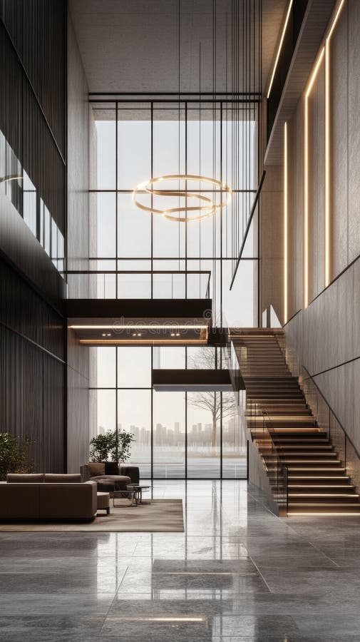 A Modern Lobby with a Grand Staircase and Circular Lighting Feature ...