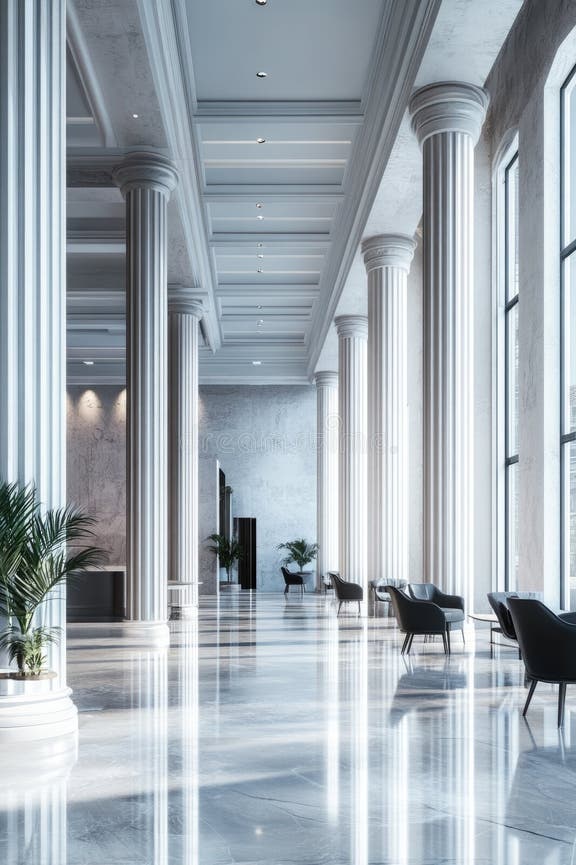 Modern Lobby Interior with Columns and Reflection Stock Image - Image ...