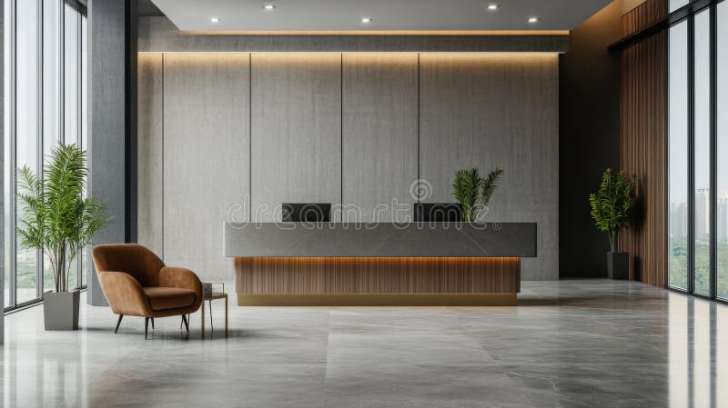 Modern Lobby Interior with Concrete Wall, Reception Desk, and Armchair ...