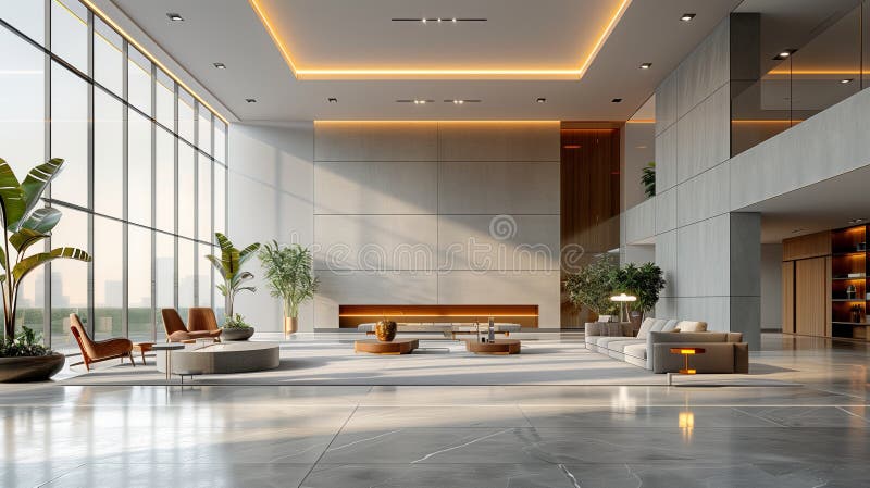 Modern Lobby Interior Design with Large Windows and Natural Light Stock ...