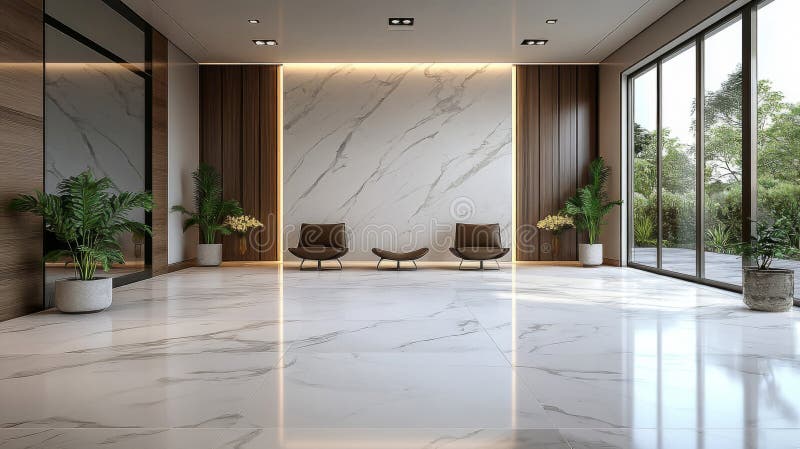 Modern Lobby Interior Design with Marble and Plants Stock Illustration ...