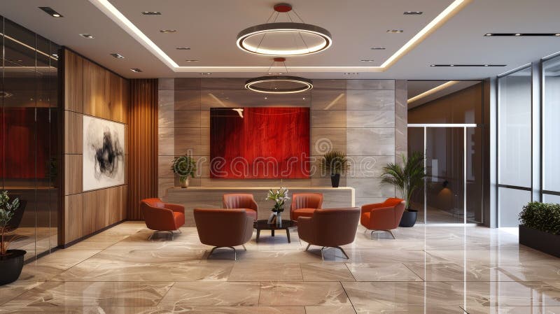 Modern Lobby Interior Design with Red Abstract Artwork and Circular ...