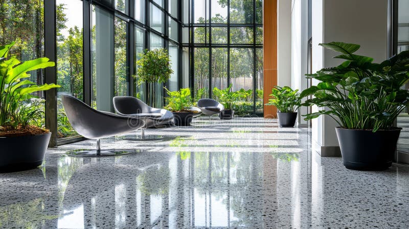 Modern Lobby Interior with Floor-to-Ceiling Windows and Greenery Stock ...