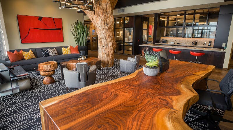 Modern Lobby Interior with Live Tree, Wood Slab Desk, Comfortable ...
