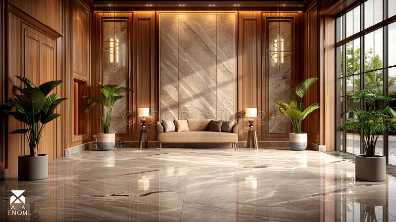 A Modern Lobby Interior with a Reception Desk, Large Windows, and ...