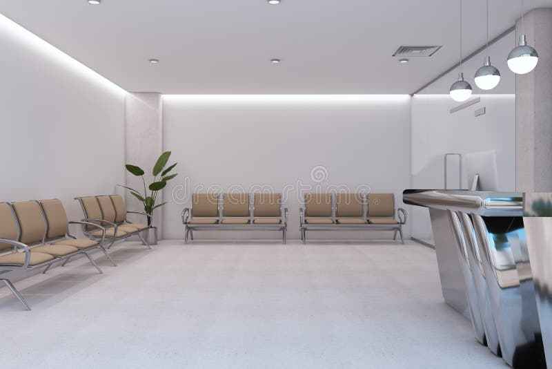 Modern Lobby Interior with Silver Reception Desk, Seating and ...
