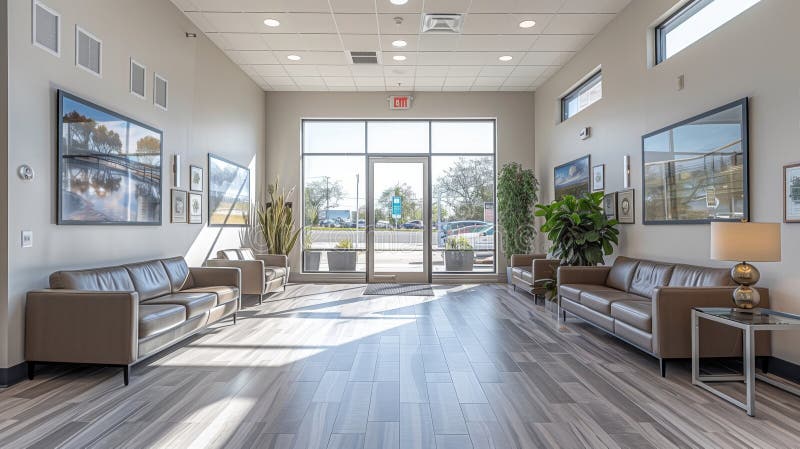Modern Lobby Interior with Floor-to-Ceiling Windows and Comfortable ...