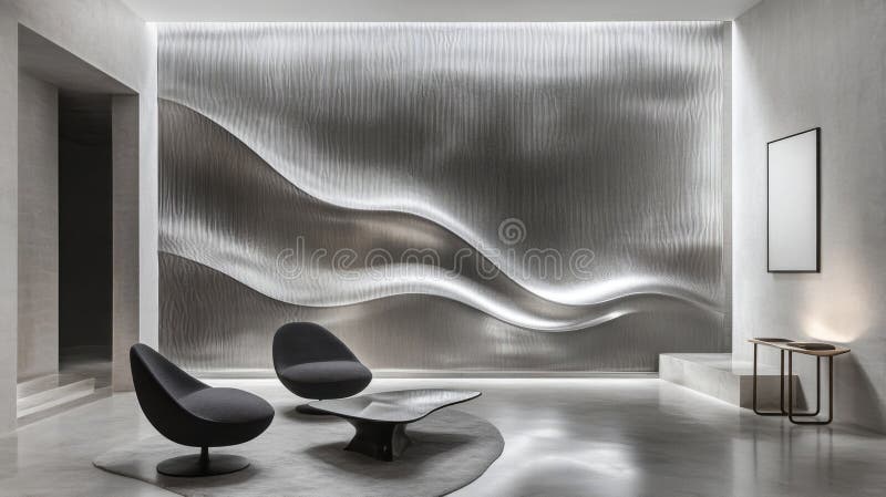 Modern Lobby Interior with Wave-Shaped Metal Wall Stock Illustration ...