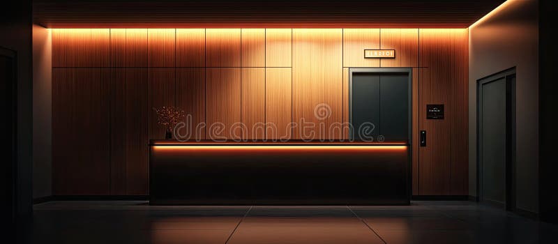 Modern Lobby Interior with a Wooden Wall, a Reception Desk, and Two ...