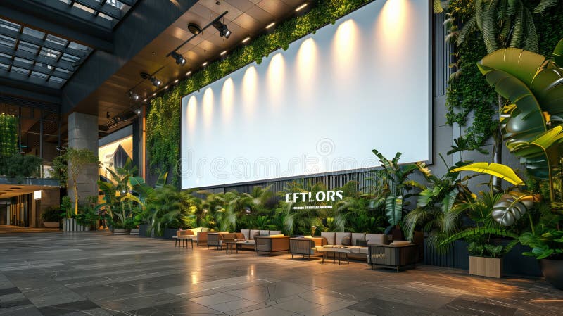 Modern Lobby with Large Blank Screen and Tropical Greenery Stock Photo ...