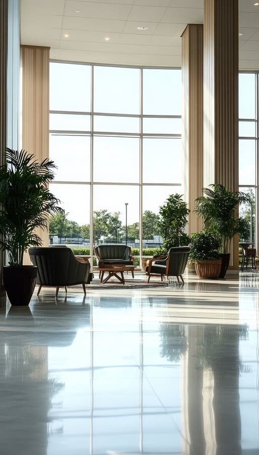 Modern Lobby, Large Windows, Natural Light, Polished Floor, Lounge Area ...
