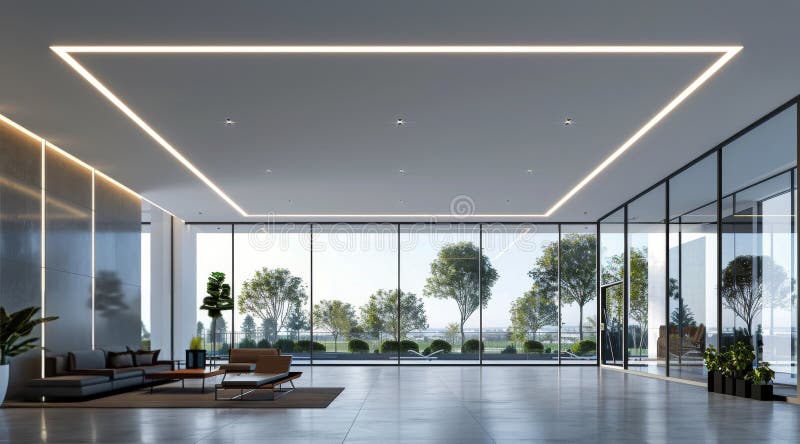 Modern Lobby with Large Windows and Recessed Lighting Stock Photo ...
