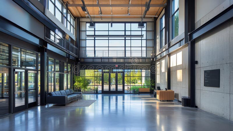 Modern Lobby with Large Windows, Seating, and Greenery, Designed for ...