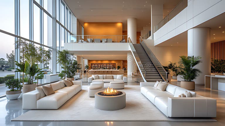 Modern Lobby Lounge Fire Pit, Cityscape View, Relaxation Stock ...