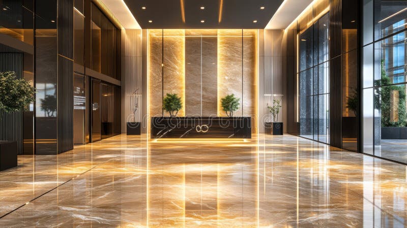 Modern Lobby with Marble Floor and Black Reception Desk Stock ...