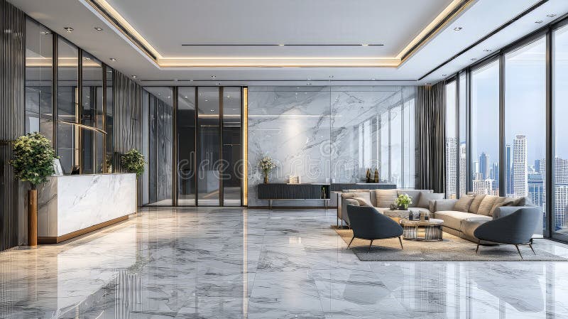 Modern Lobby with Marble Floor and Large Windows Overlooking City ...
