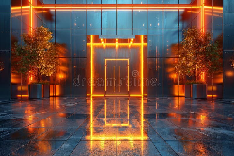 Modern Lobby with Neon Orange Lighting and Reflective Surfaces ...