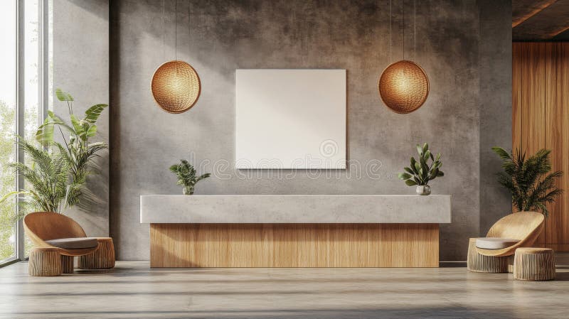Modern Lobby Reception Area with Concrete and Wood Design Stock ...