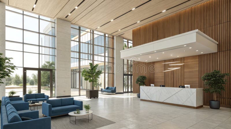 Modern Lobby Reception Area Wood and Glass Design, Marble Reception ...