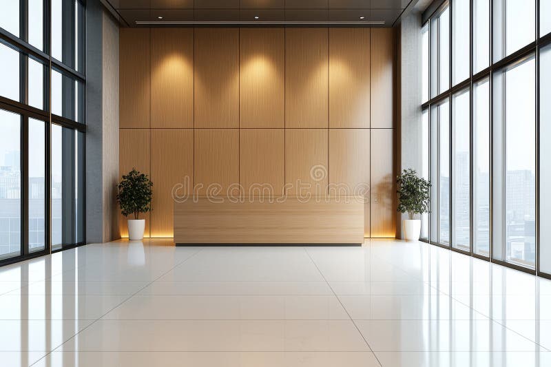 A Modern Lobby with a Reception Desk and Large Windows, Rendered in 3D ...