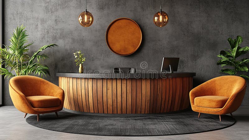 Modern Lobby Reception Wood Desk, Chairs, Plants Stock Illustration - Illustration of space ...