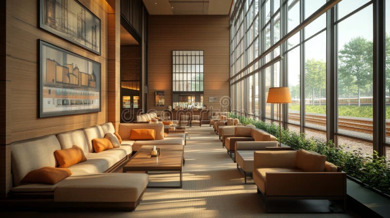 Modern Lobby with Train View and Tan Couches Stock Illustration ...