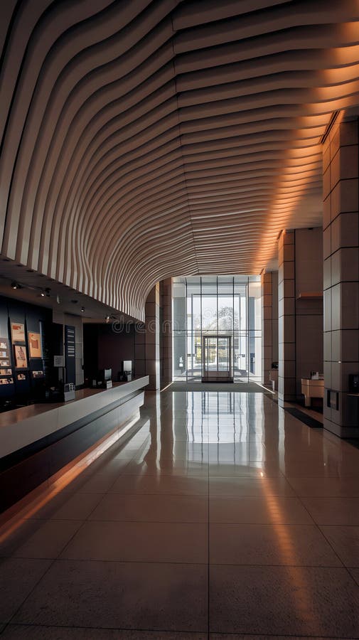 Modern Lobby with Undulating Ceiling, Polished Floors Evoke Refined ...