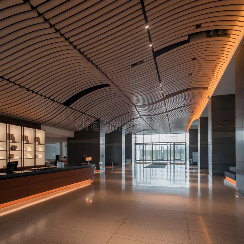 Modern Lobby with Undulating Ceiling, Polished Floors Evoke Refined ...